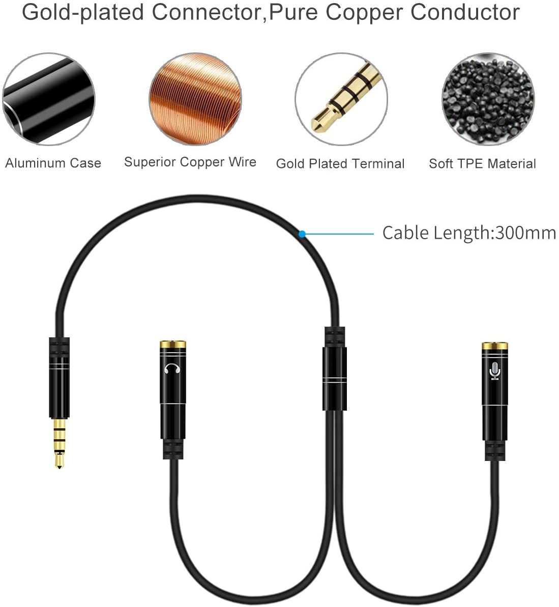 3.5mm Headset Adapter Y-Splitter Jack Cable w/ Separate Audio and Mic ...